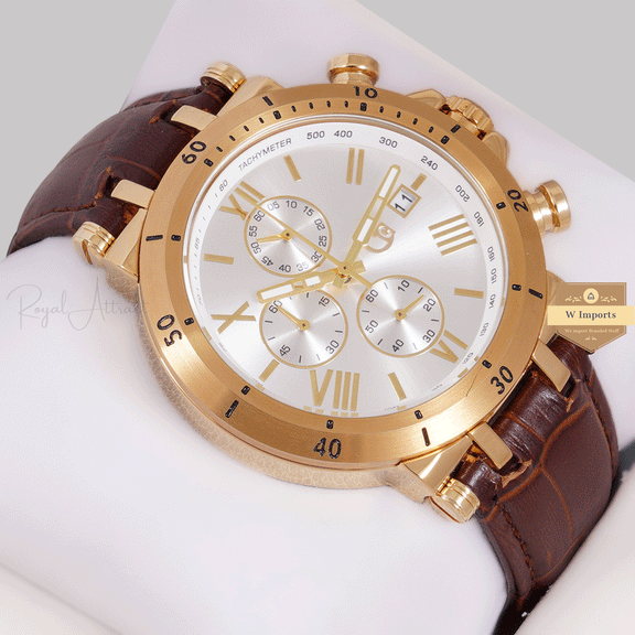 NEW LATEST CHRONOGRAPH COLLECTION GOLD WITH SILVER ROMAN DAIL & LEATHE ...