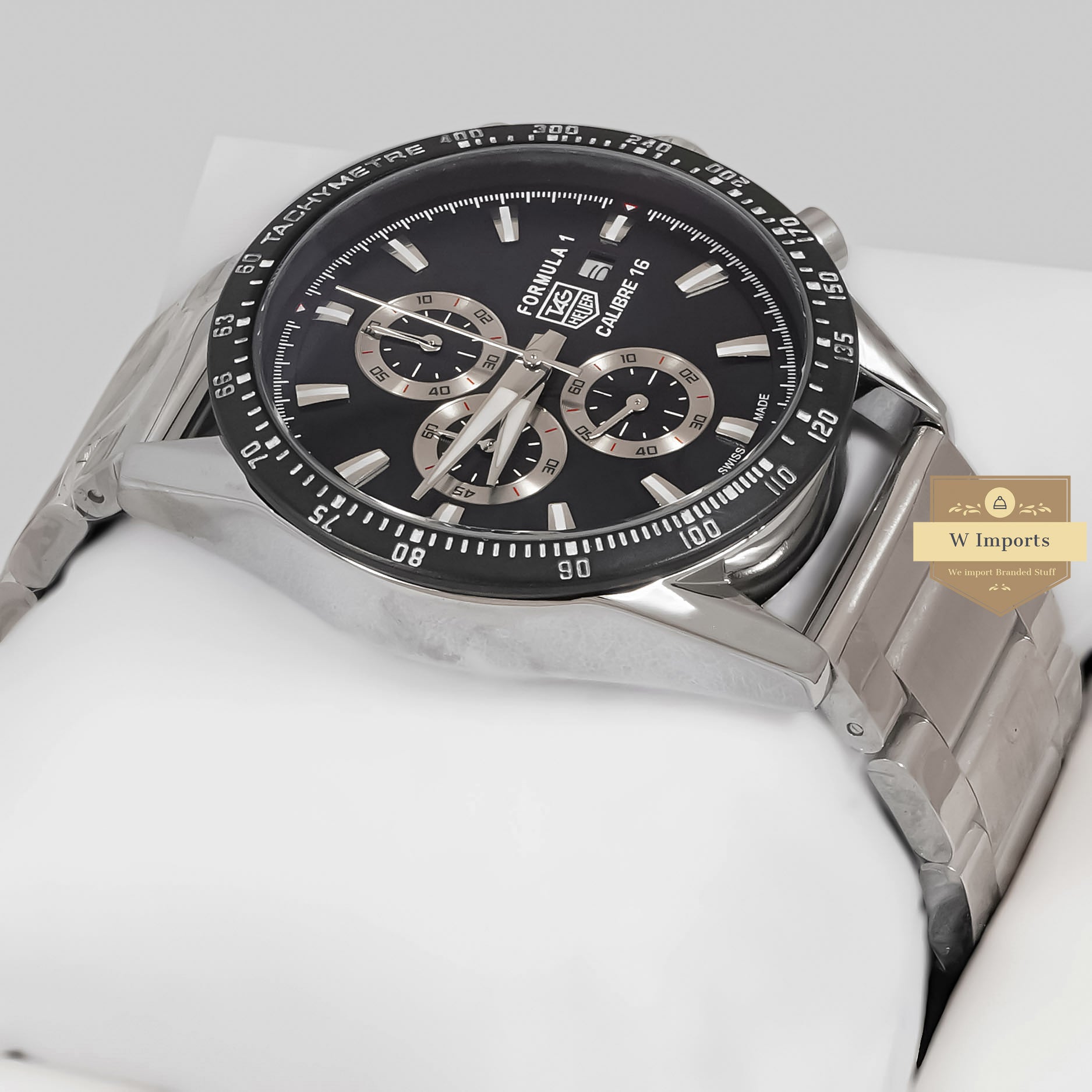 CHRONOGRAPH COLLECTION SILVER WITH BLACK DAIL MAT BAZEL CHAIN WATCH – W ...